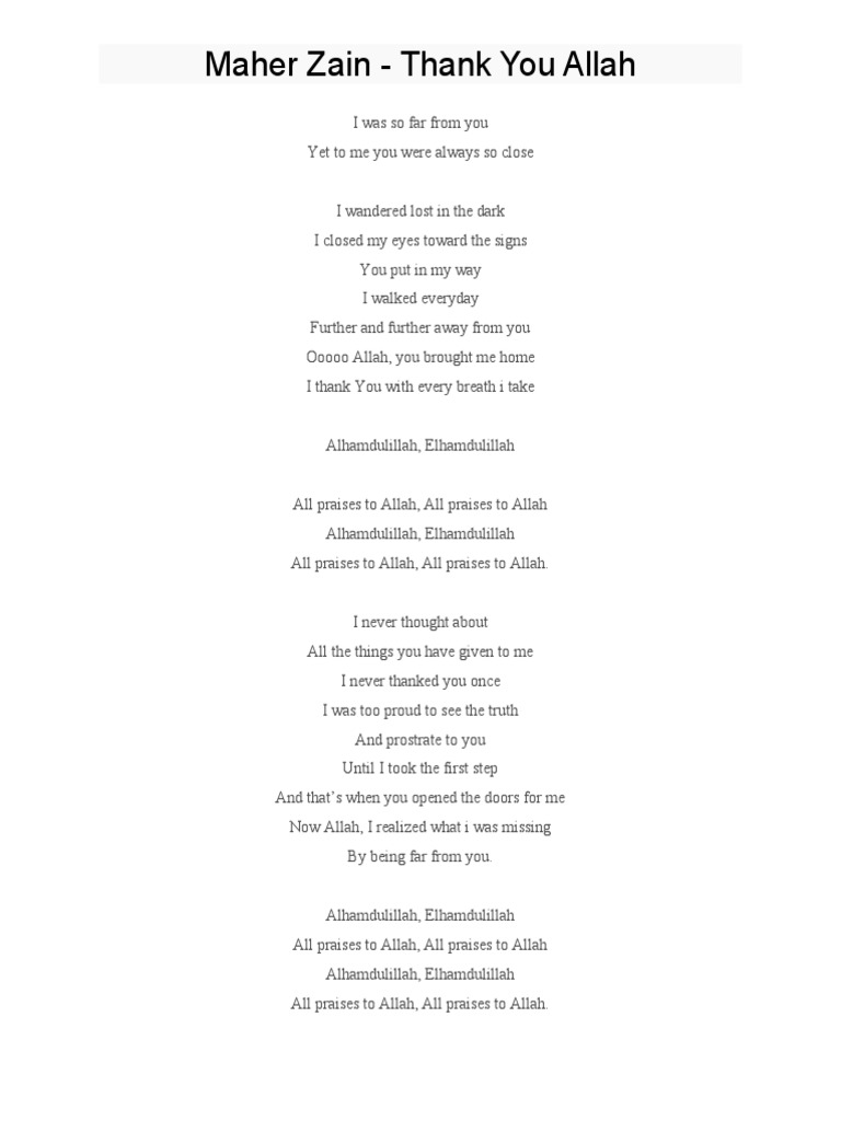 Lirik Lagu Maher Zain - Thank You Allah | PDF