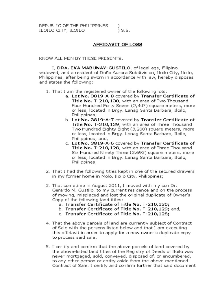 Affidavit of Loss TITLE | PDF | Affidavit | Private Law