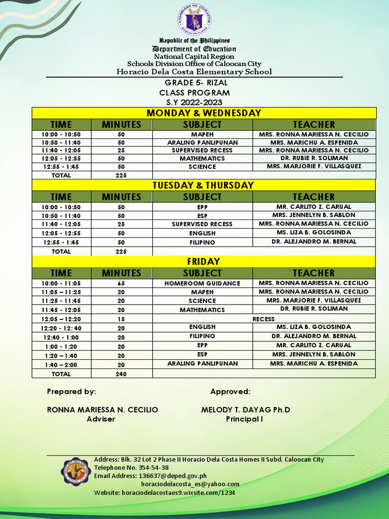 Grade 5 Class Program Shifting | PDF