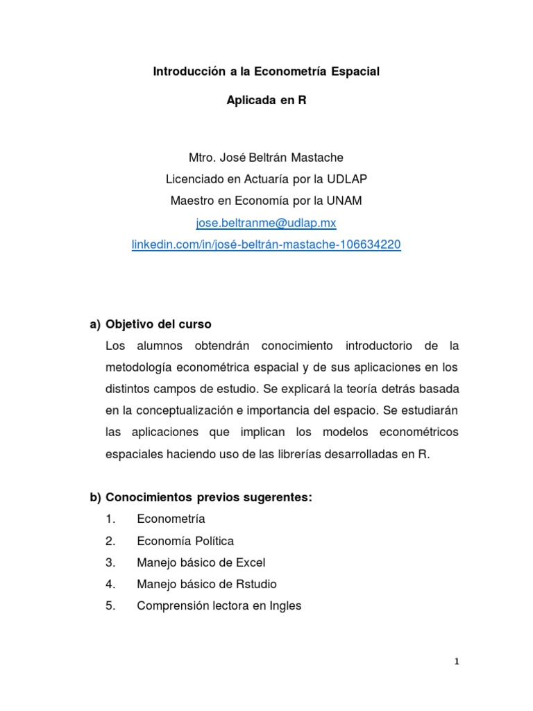 Temario-Introducción A La Econometría Espacial | PDF | Science