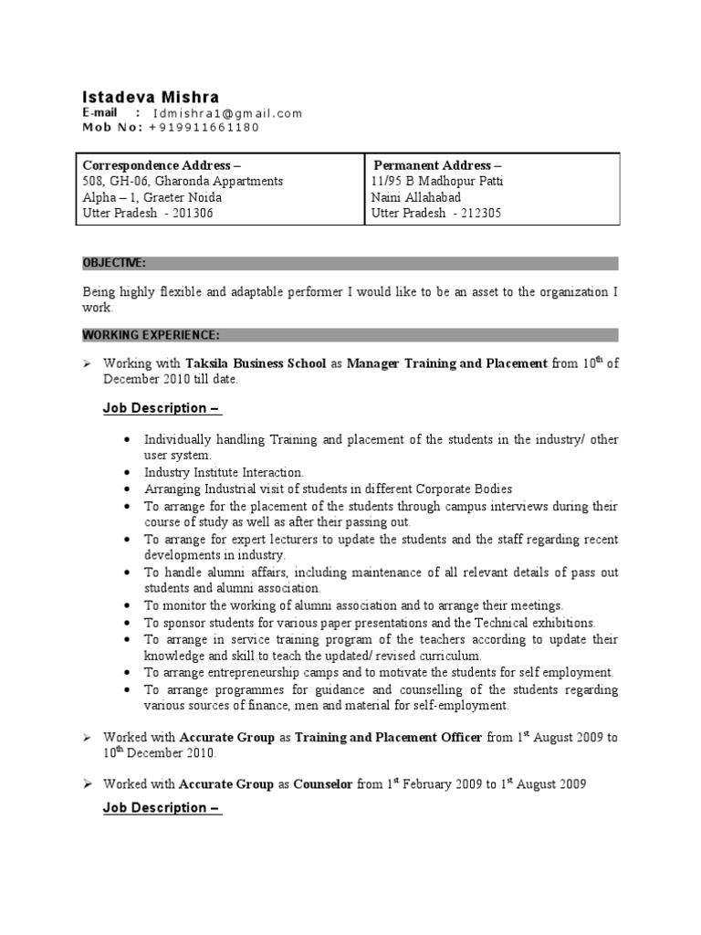 Training and Placement Manager Resume | PDF