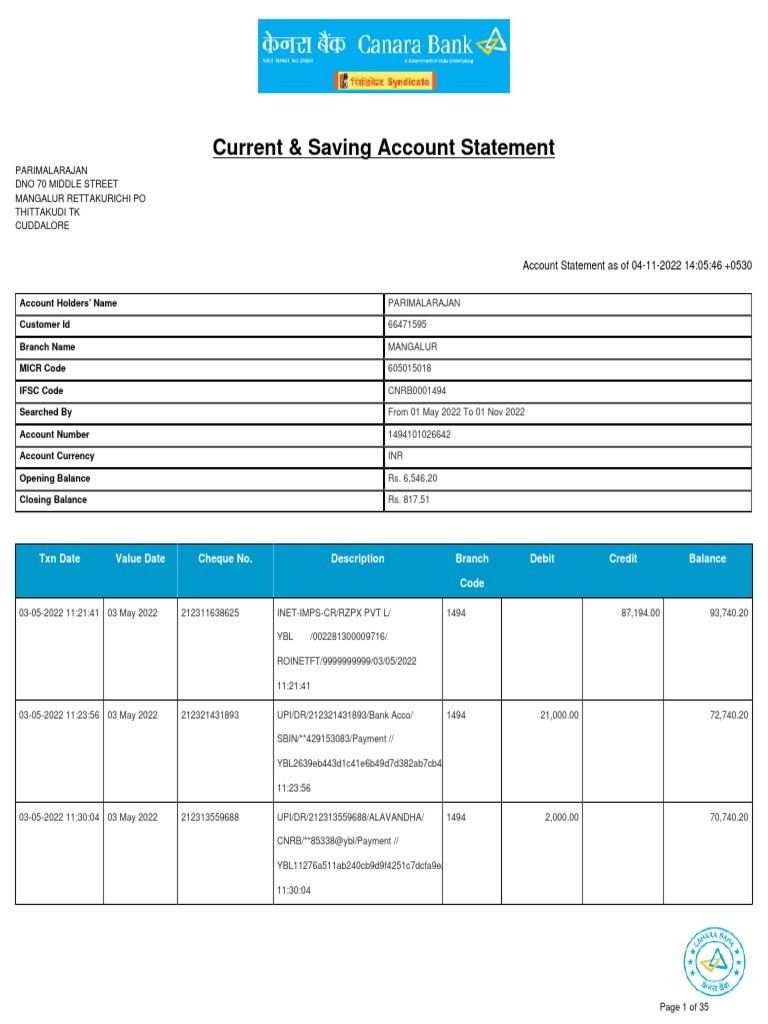 Current & Saving Account Statement: Parimalarajan Dno 70 Middle Street Mangalur Rettakurichi Po ...