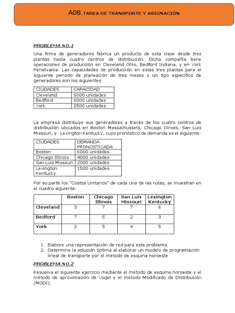 A08 Tarea De Transporte Y Asignacion Pdf