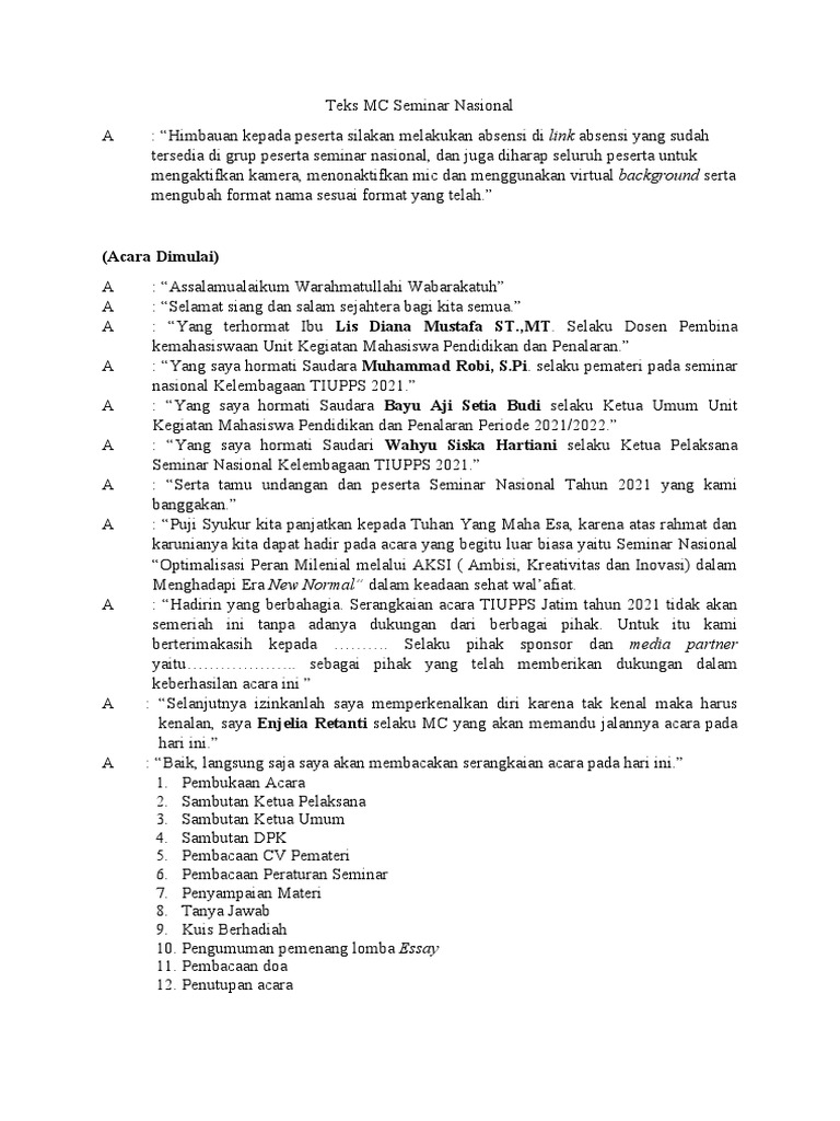ACARA - Teks MC Seminar Nasional | PDF