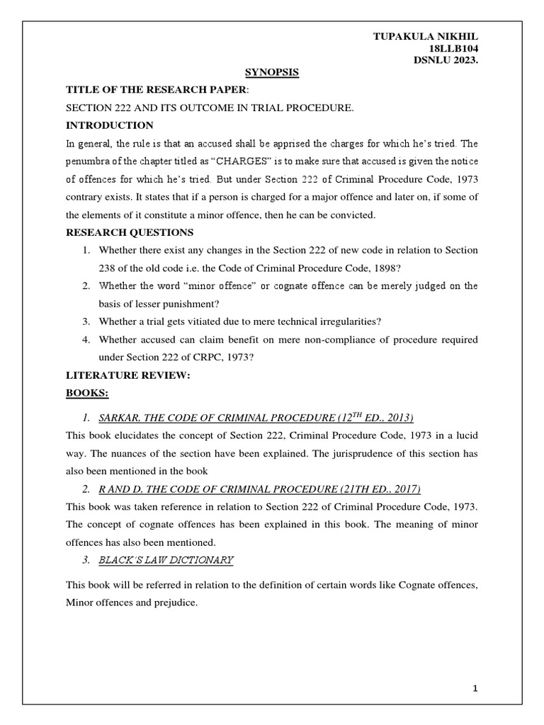 18LLB104 - CRPC Synopsis | PDF | Criminal Procedure In South Africa | Crimes