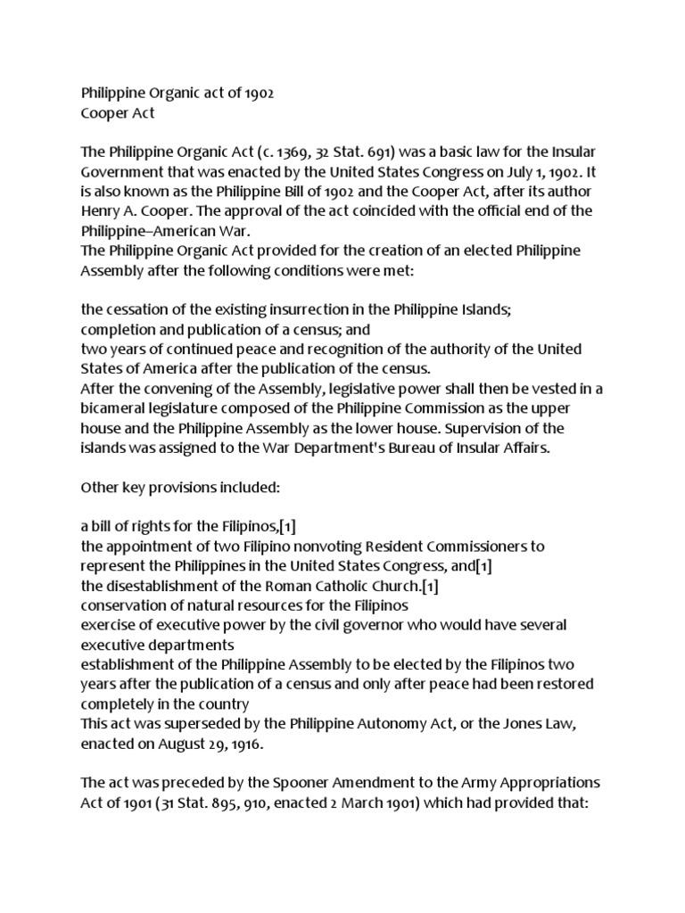 Philippine Organic Act of 1902 | PDF | Governance | Legal Documents
