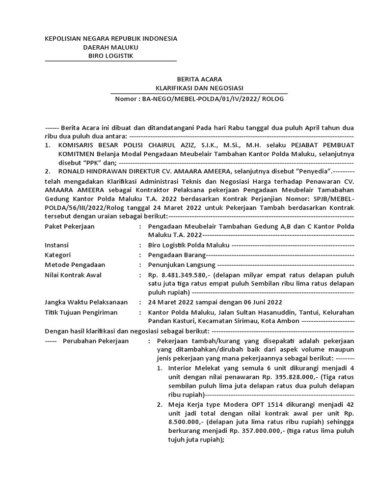 Klarifikasi Negosiasi Pengadaan Meubel Polda Maluku | PDF