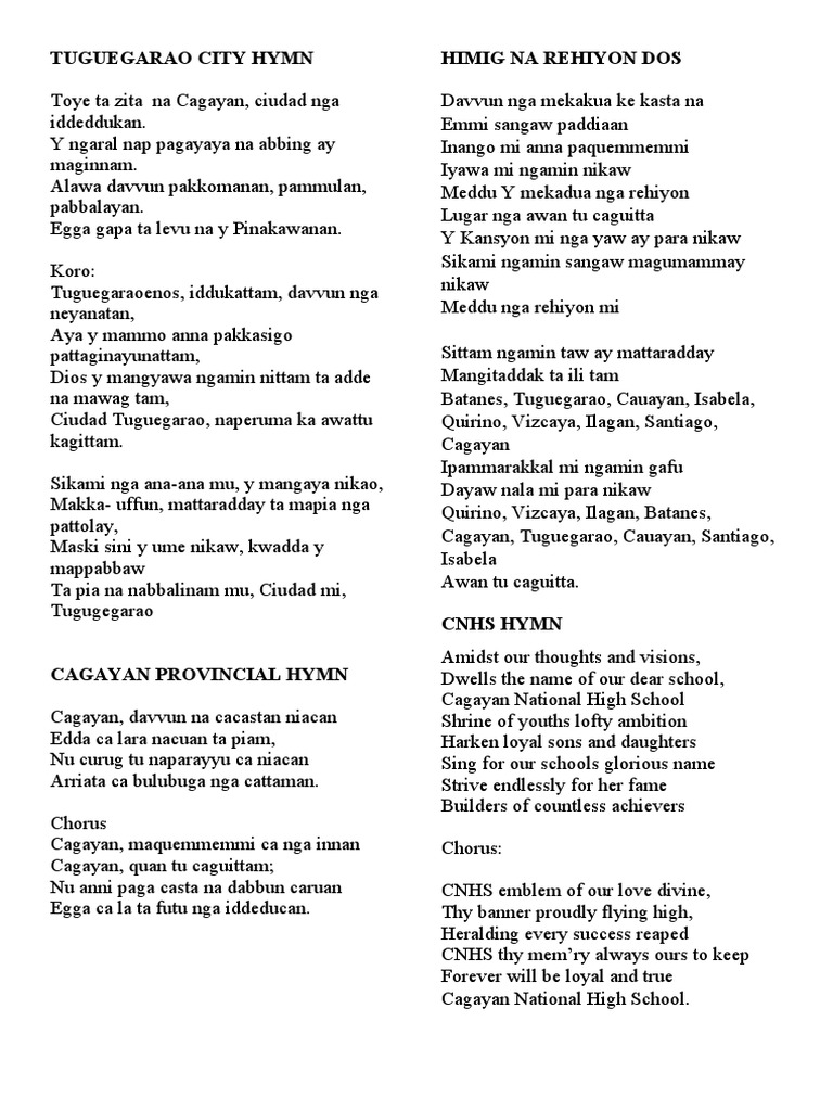 Tuguegarao City and Cagayan Hymns | PDF