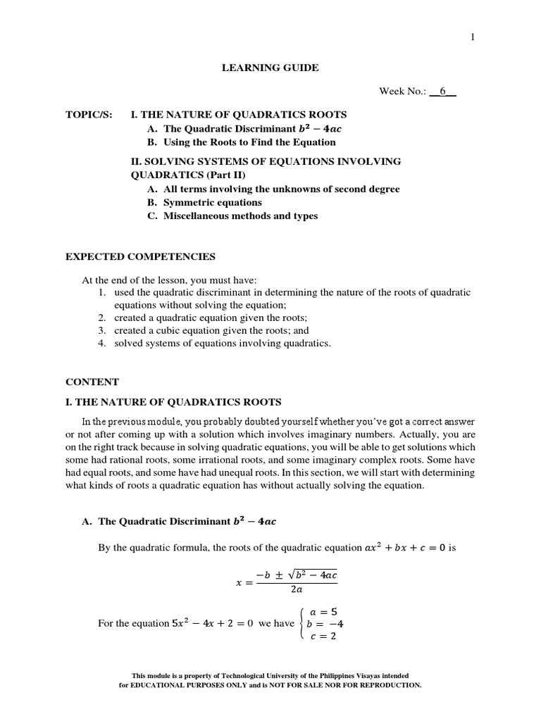 Determining the Nature of Quadratic Roots and Solving Systems of ...