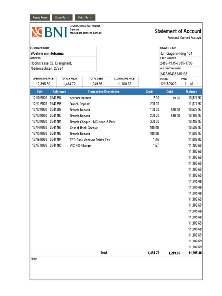 Deutsche Bank Account Statement Sample | PDF | Banks | Debits And Credits