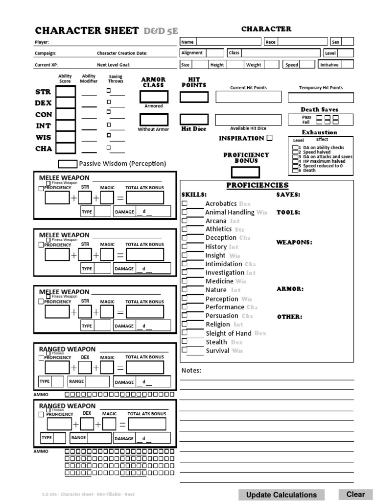 5 0 Character Sheet RRH Fillable Rev3 | PDF | Role Playing Games | Gaming