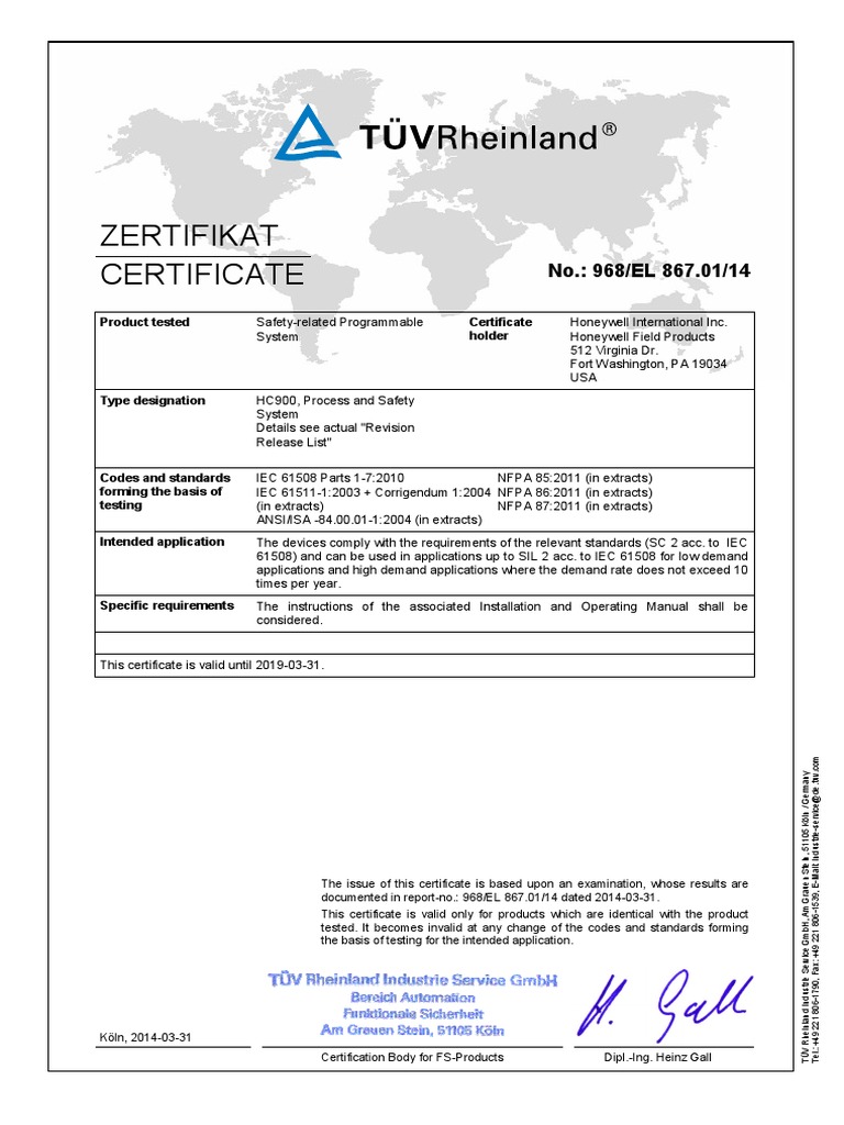 Honeywell HC900 TÜV Certificate Details | PDF | Safety