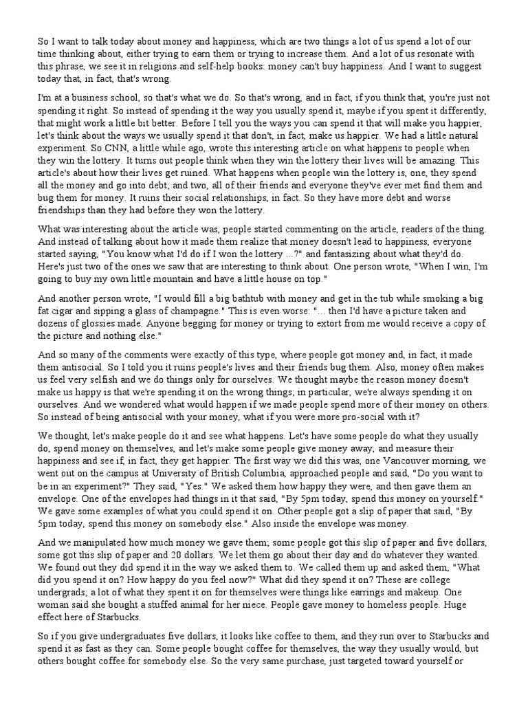 How To Buy Happiness Transcript | PDF | Happiness | Money