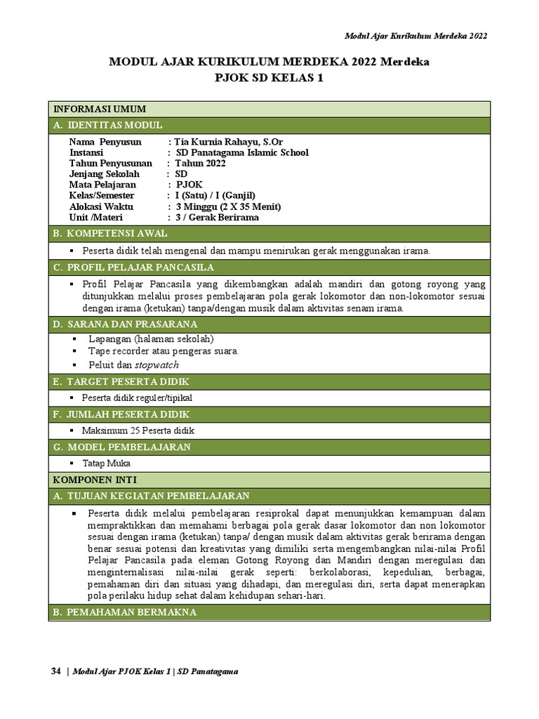 MODUL AJAR PJOK KELAS 1 (Bab 3) | PDF