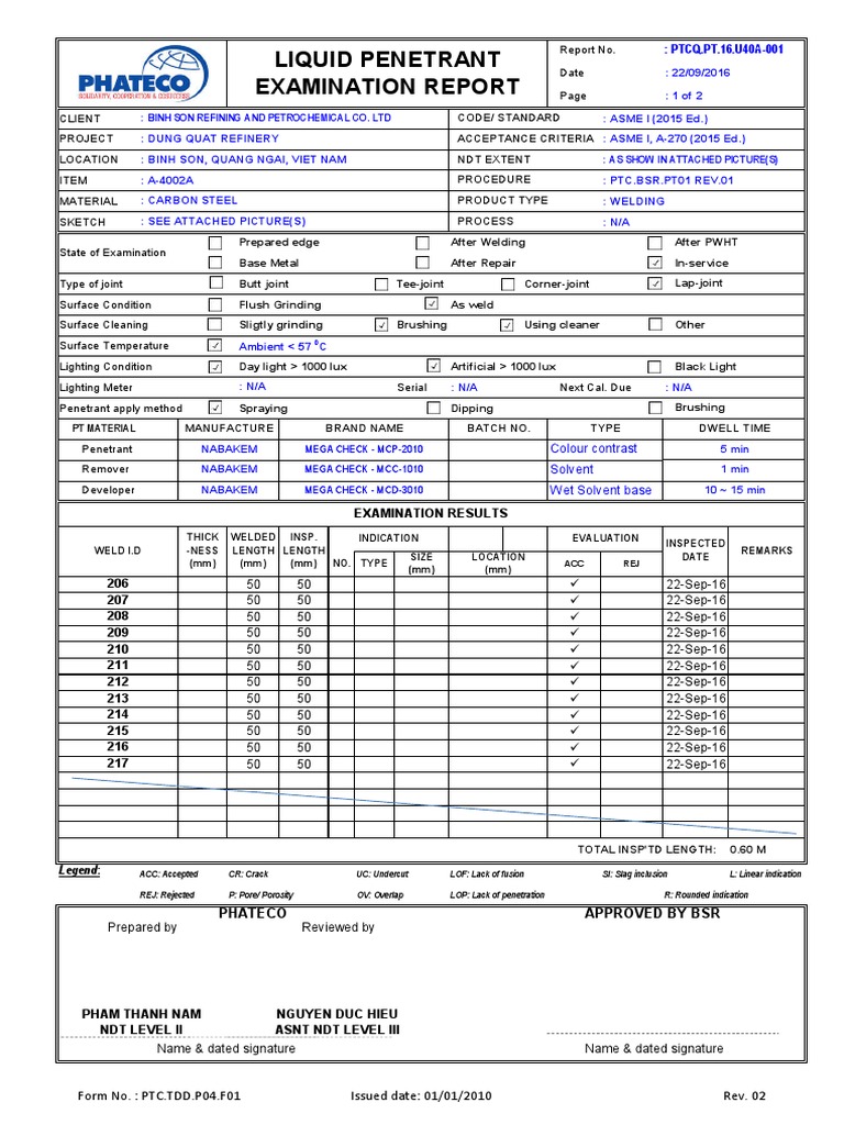 Liquid Penetrant Examination Report for Welds on Item A-4002A of Dung Quat Refinery Project ...