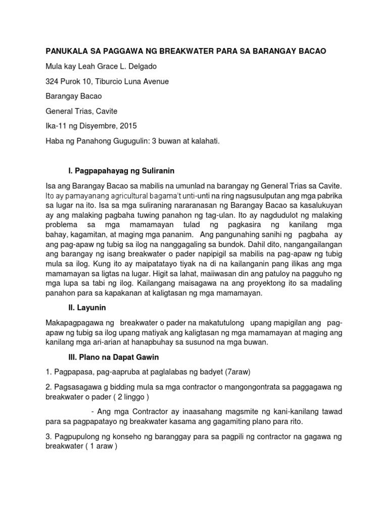 Panukala Sa Paggawa NG Breakwater para Sa Barangay Bacao | PDF