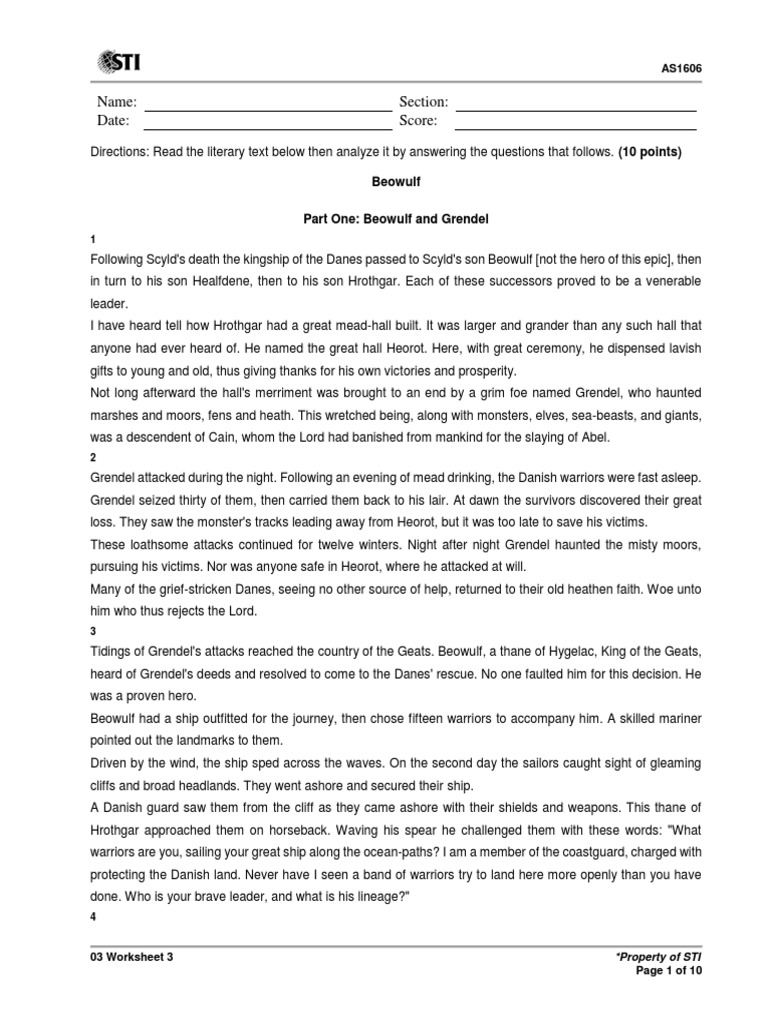 Analysis of the Literary Text 'Beowulf Part One: Beowulf and Grendel ...