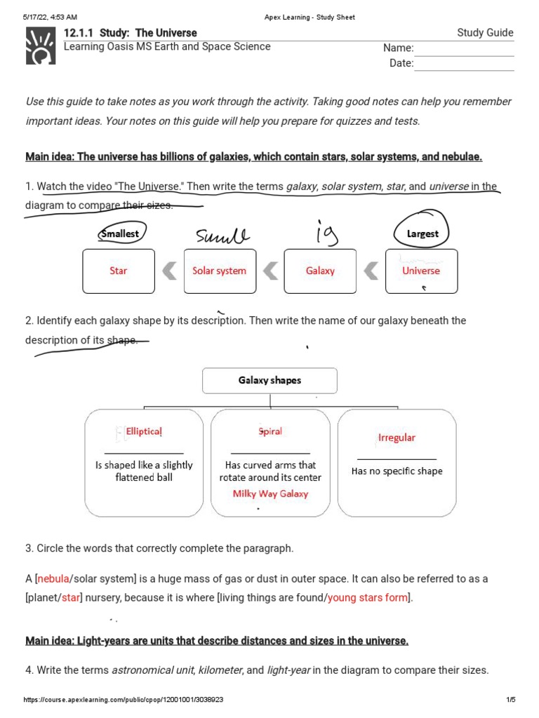 Unit 12 - Lesson 1 - Study Guide - Answer Key | PDF | Universe | Outer ...
