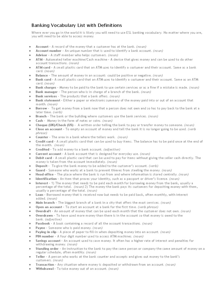 Banking Vocabulary List With Definitions | PDF | Banks | Automated ...