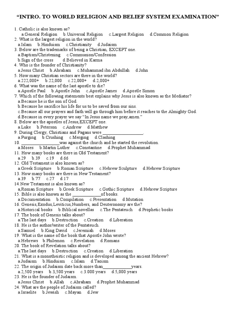 World Religion Exam Questions & Answers | PDF | Bible | Creator Deity