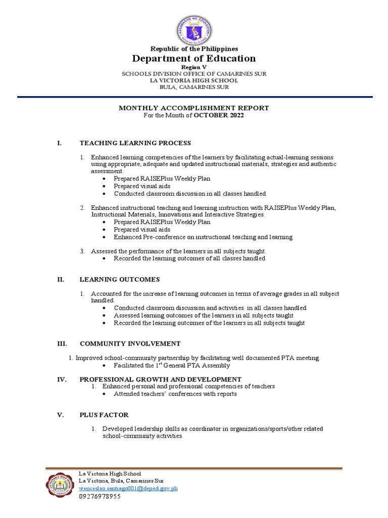 Monthly Accomplishment Report October 2022 | PDF | Learning | Teachers