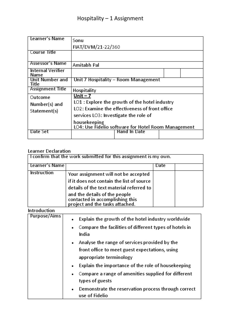 Hospitality-1 Assignments Written | PDF | Hotel