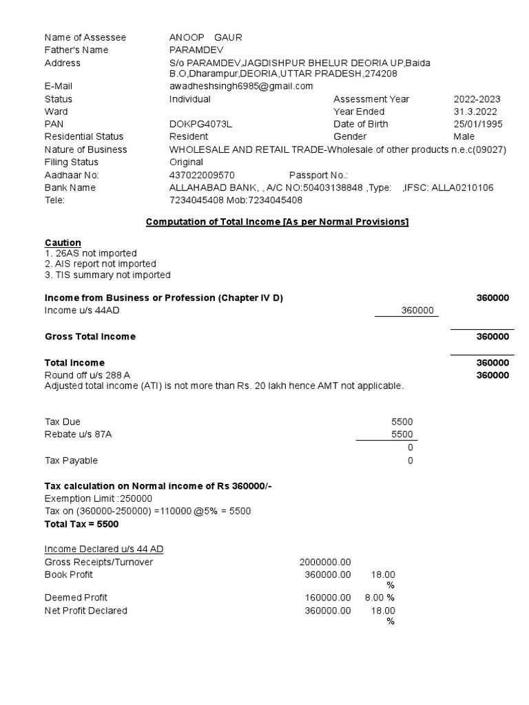 Anoop Itr AY 22-23 COMPUTATION | PDF | Loans | Taxes