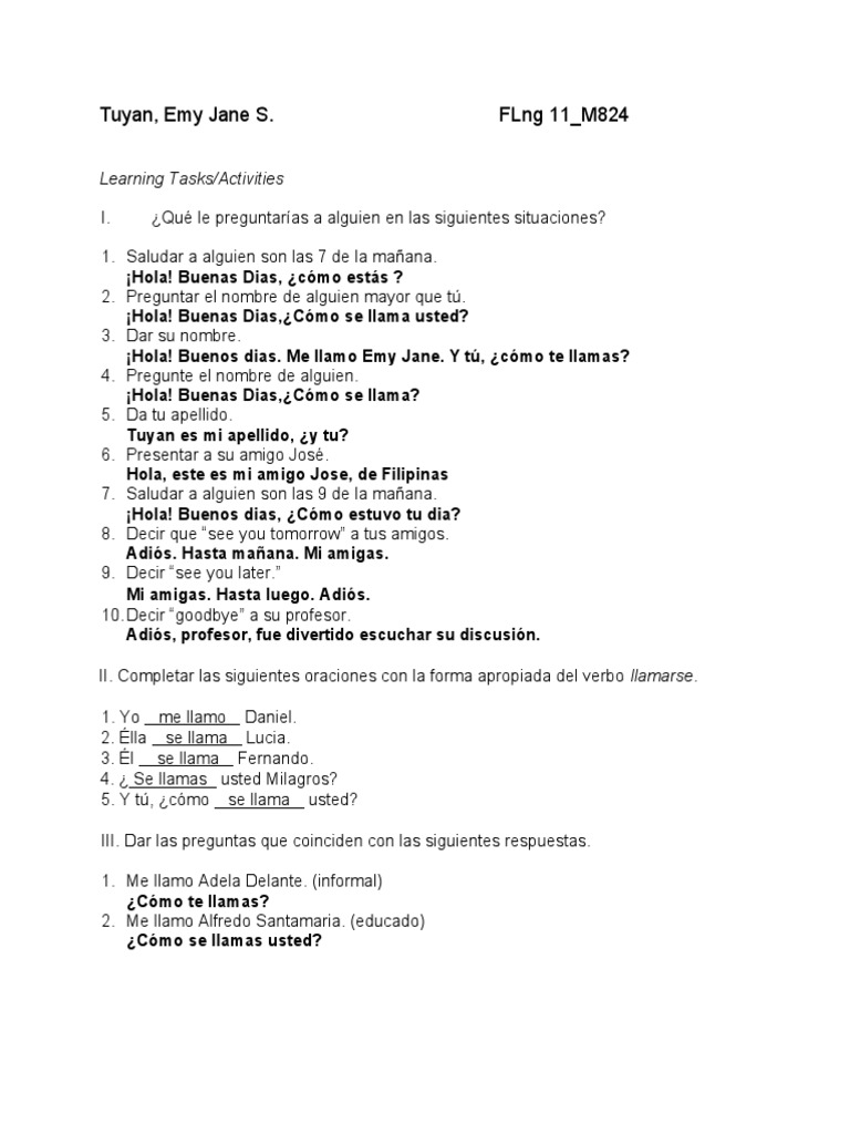 Spanish M2L1 - Learning Tasks & Activities & Assessment | PDF