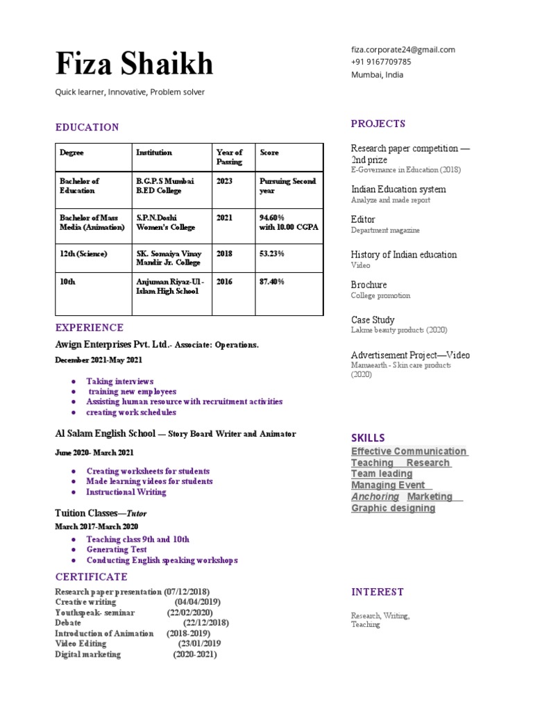 Fiza Shaikh: Education Projects | PDF | Cognition | Communication