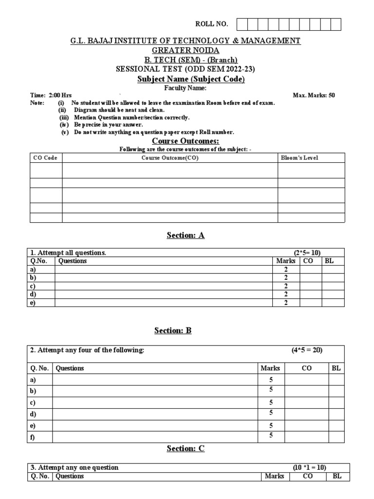 (50 Marks) Sessional Test Question Paper Format 2022-23, Odd Sem | PDF ...