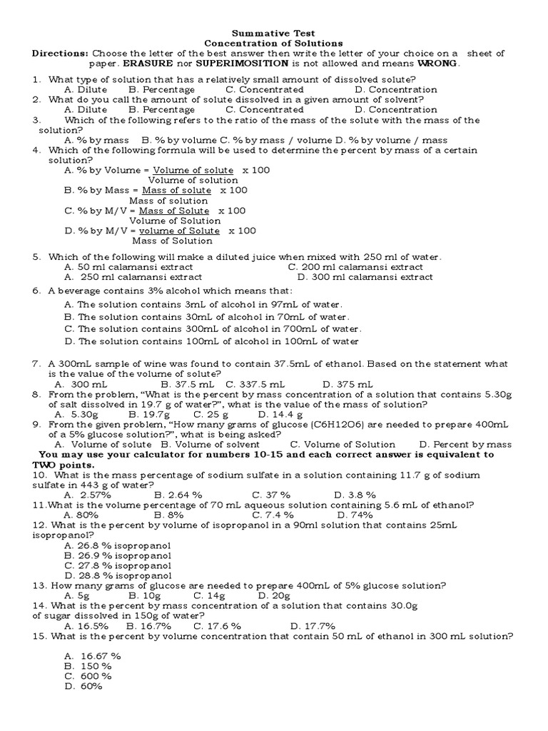 Concentration of Solutions Summative | PDF | Mass Concentration ...