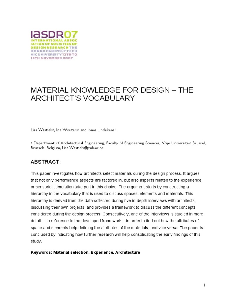 Material Knowledge For Design - The Architects Vo | PDF | Experience | Space