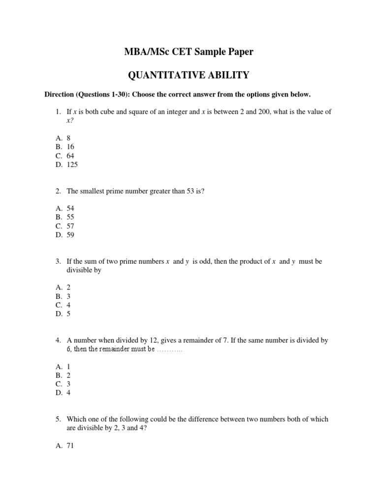 02 Sample QP - MBA-MSc CET | PDF | Mean | Sphere