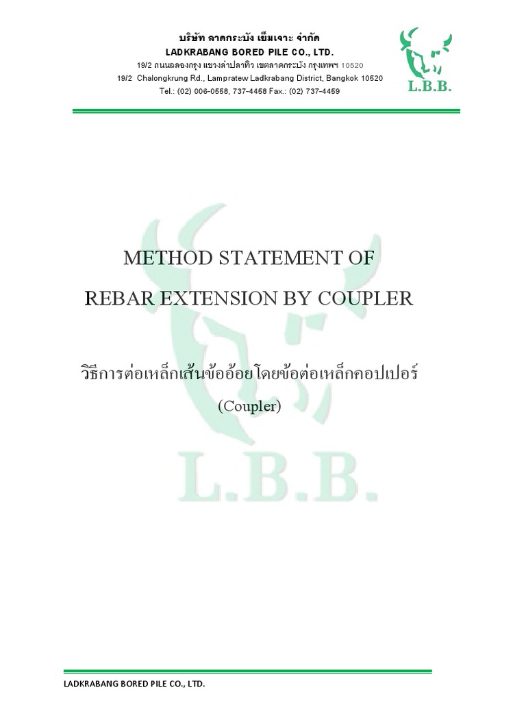 Method Statement For Rebar Extension by Coupler | PDF