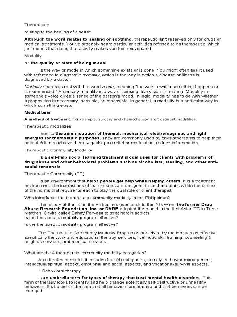 Overview of Therapeutic Modalities | PDF | Psychotherapy | Cognitive ...
