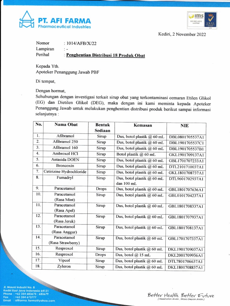 Surat Penghentian Distribusi 18 Produk | PDF