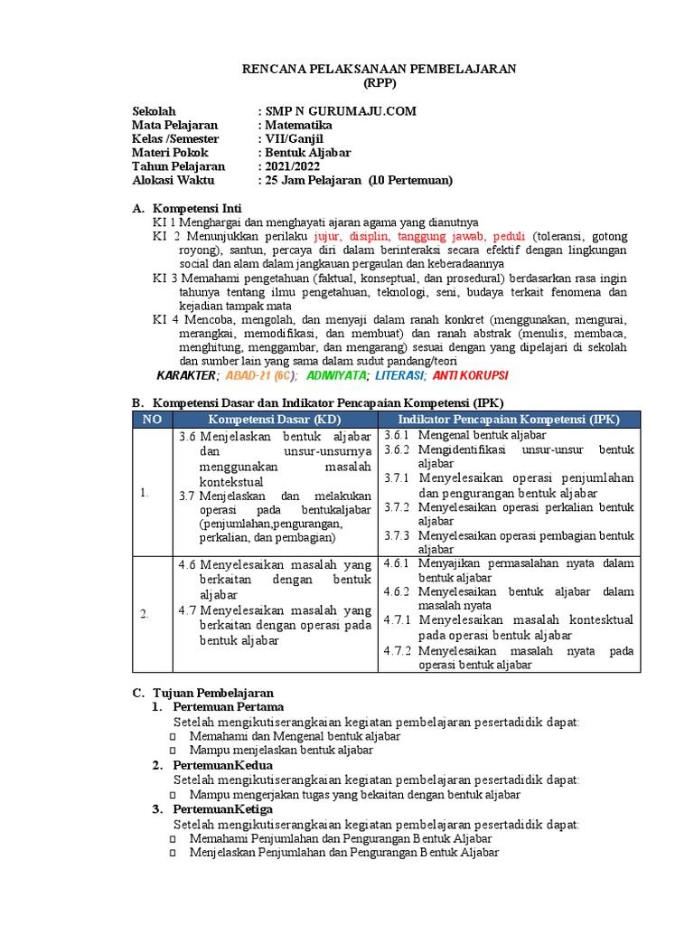 RPP Bentuk Aljabar | PDF