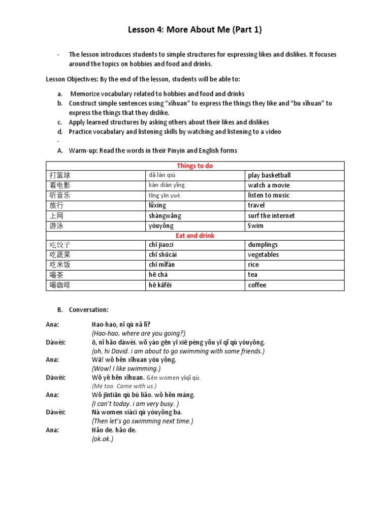 Lesson 4 Part 1 Wo Xihuan | PDF | Languages | Foreign Language Studies