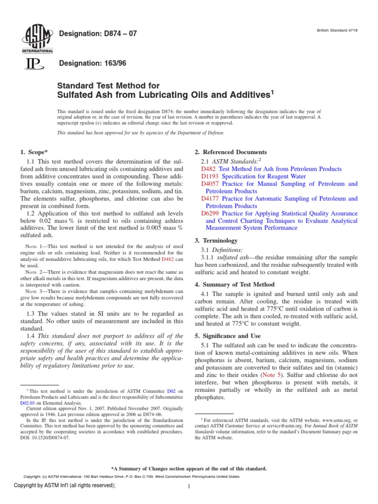Sulfated Ash From Lubricating Oils and Additives: Standard Test Method ...