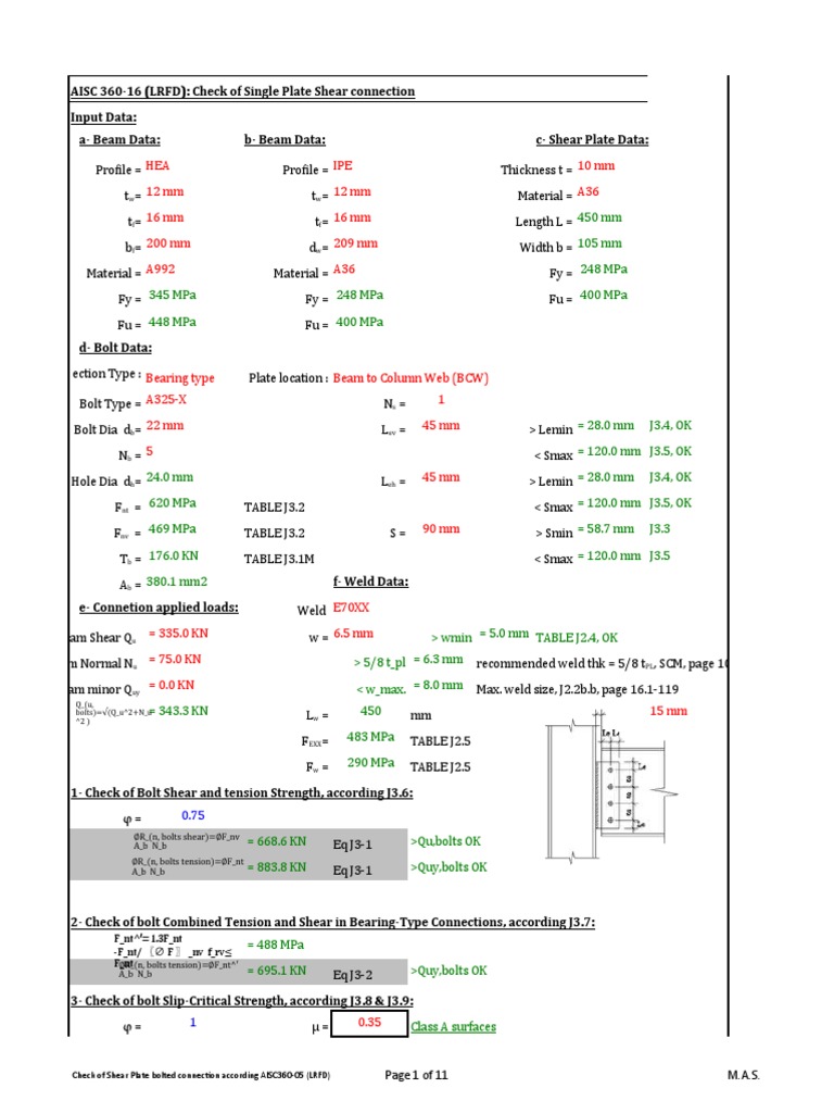 AISC360-16 LRFD Check of Single Plate Shear Connection | PDF | Bending ...