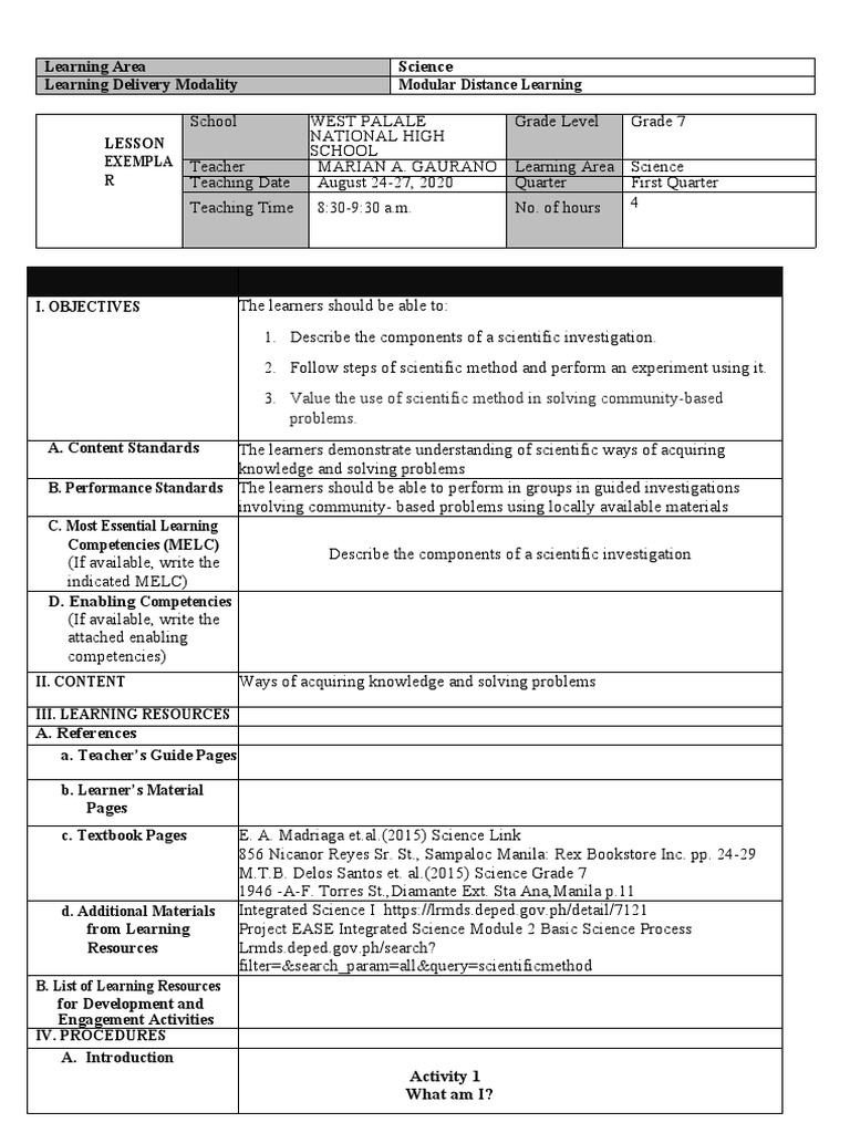 Science 7 Lesson Exemplar Scientific Investigation MAG | PDF ...