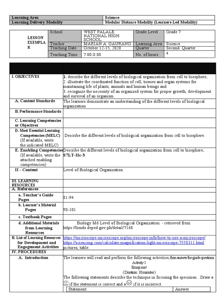 Science 7 Lesson Exemplar Biological Organization Q2 | Download Free ...