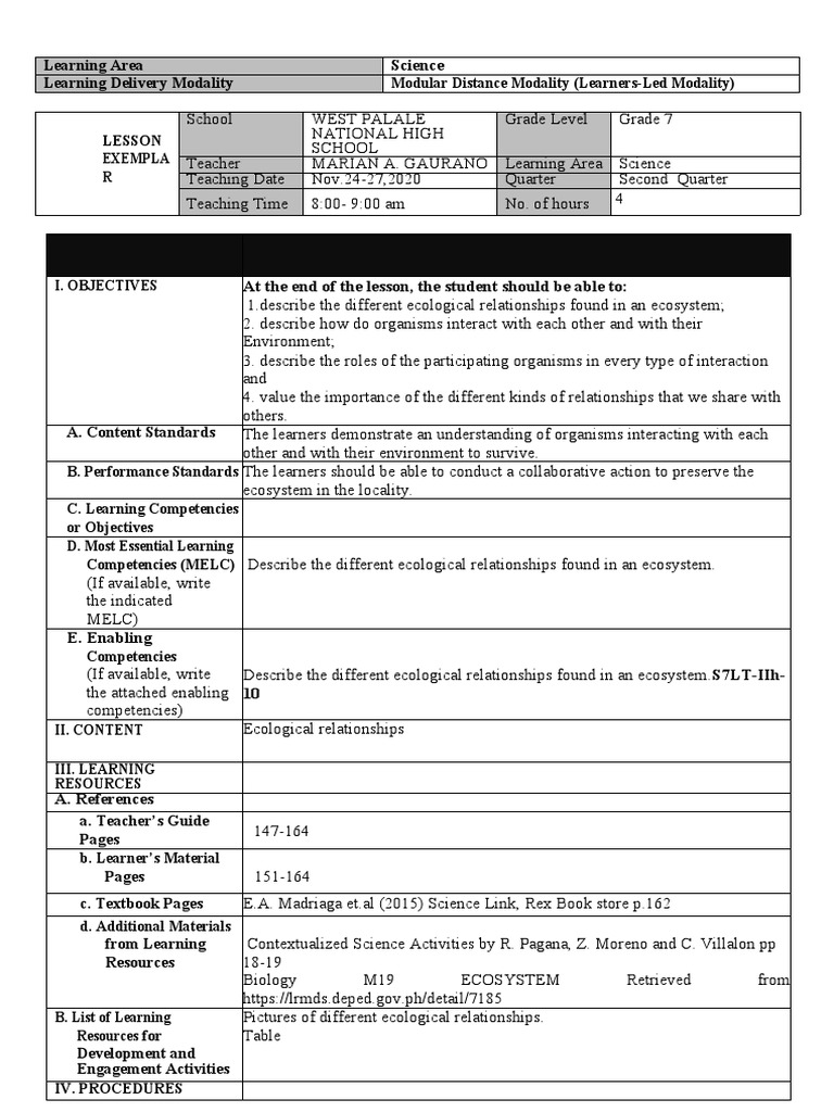 Science 7 Lesson Exemplar Eccological Interaction MAG Q2 | PDF ...