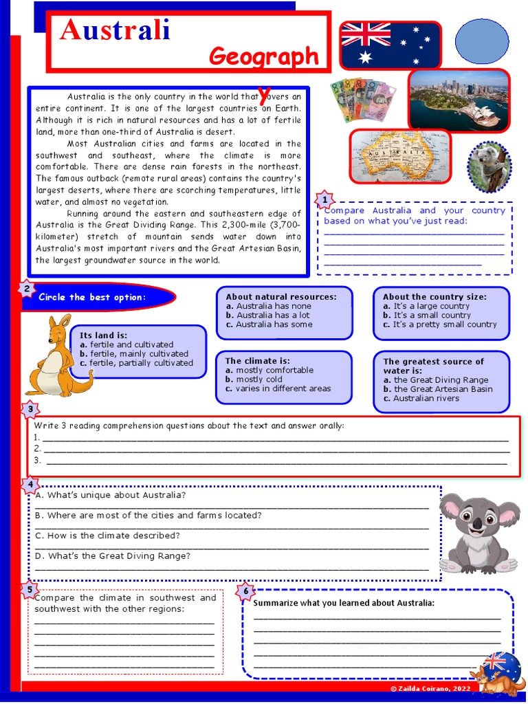 Australia Geography Reading Comprehension 6 Tasks Reading Comprehension ...