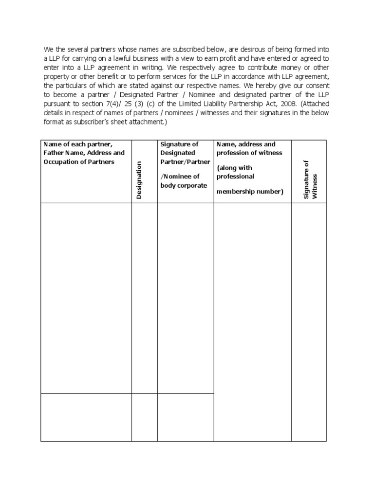 LLP Subscriber Sheet of Partners | PDF