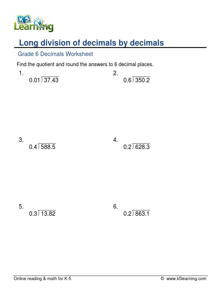Grade 6 Dividing Decimals by 1 2 Digit Decimals A | PDF | Teaching ...