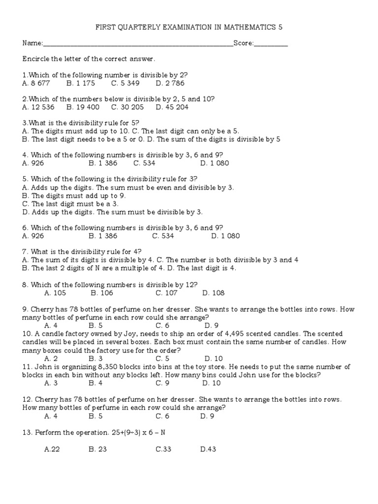 Grade 5 Math Exam | PDF | Flour | Foods