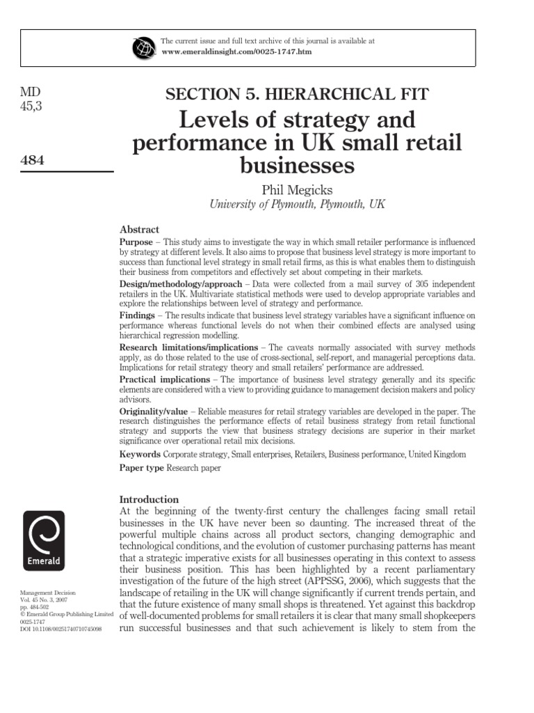 Levels of Strategy and Performance in UK Small Retail Businesses ...