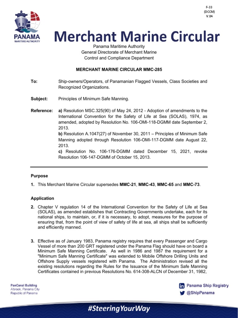 Panama Minimum Safe Manning Guidelines | PDF | Tonnage | Ships