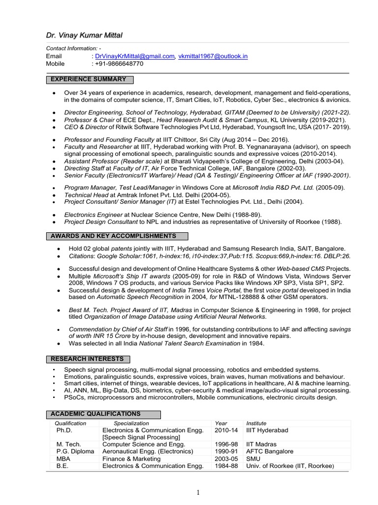 DR Vinay Kumar Mittal - Director GITAM 34yrs Hyderabad | PDF | Computer ...